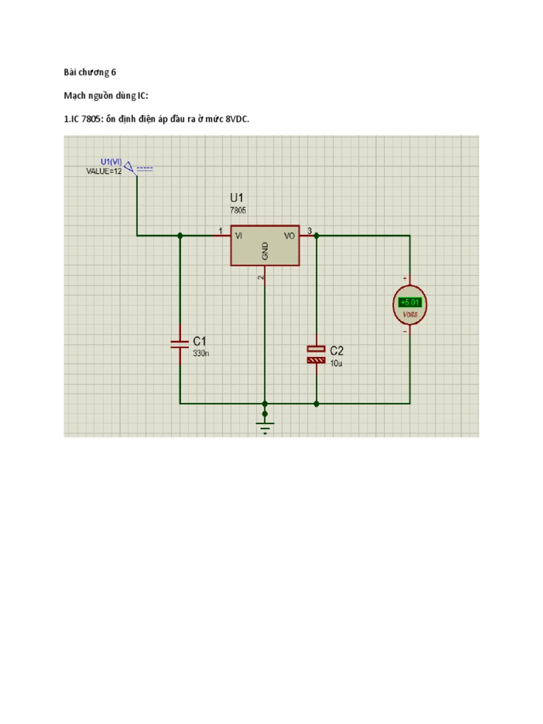 Bài chương 6 Mạch nguồn dùng IC: 1.IC 7805: ổn định điện áp đầu ra ở mức 8VDC | PDF