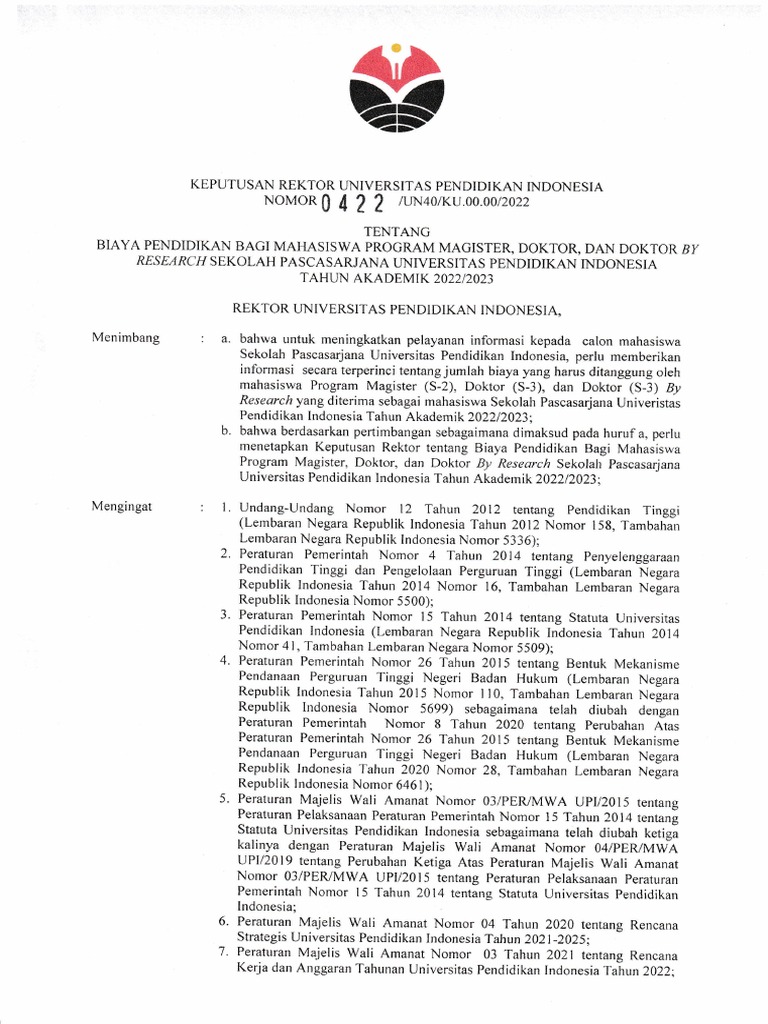 0422 Kep Rektor Tentang Biaya Pendidikan Bagi Mahasiswa Program Magister Doktor Dan Doktor by ...