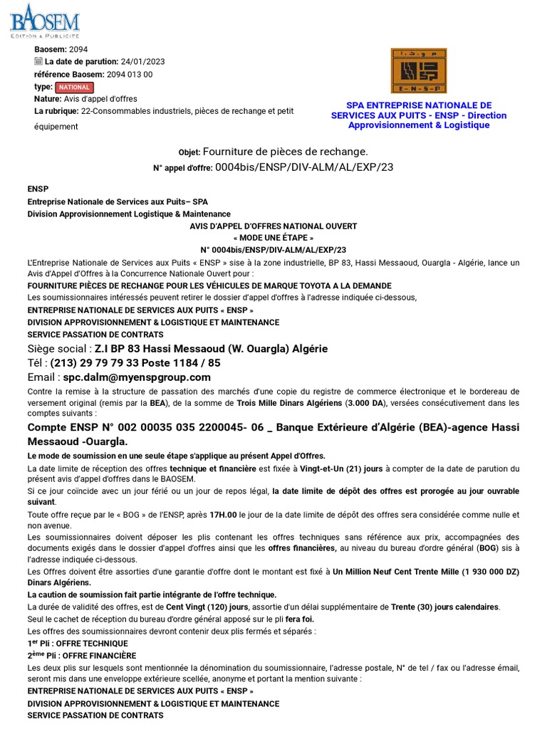Appel d'Offres : Pièces Toyota ENSP | PDF | Affaires