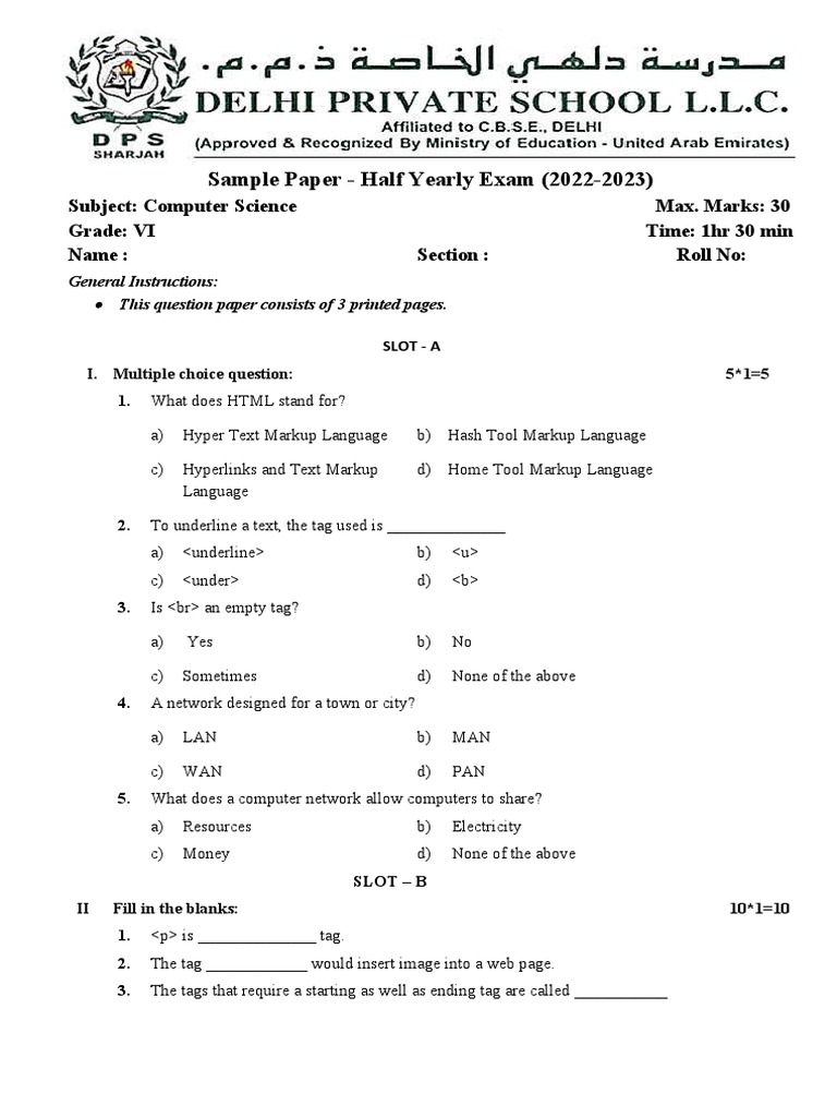 Gr-6 - HY Sample Paper 22-23 | PDF | Network Topology | Computer Network