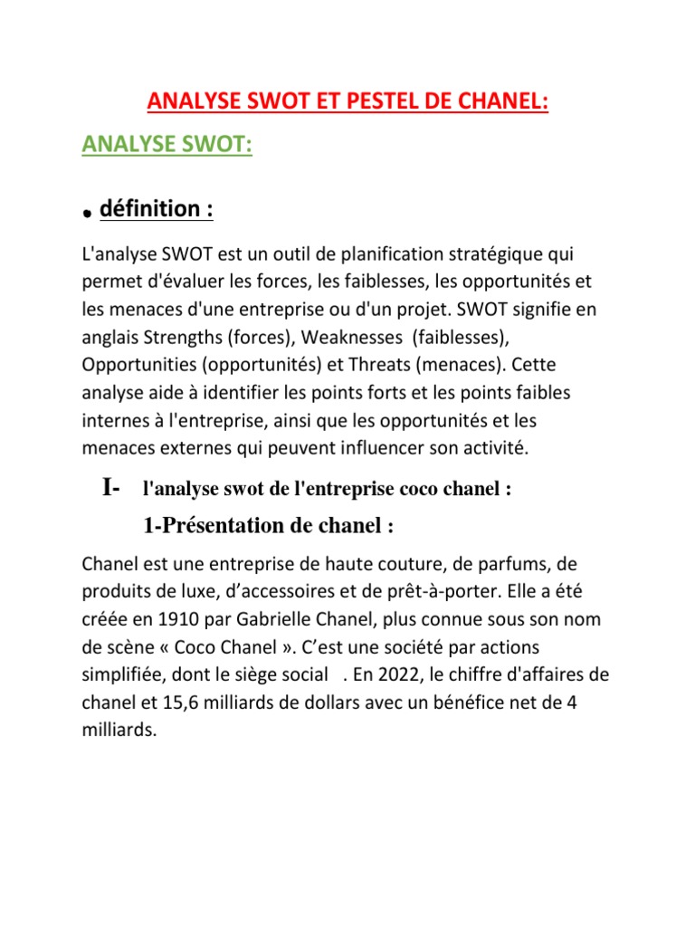 Analyse SWOT et PESTEL de Chanel | PDF | Analyse SWOT | Articles de luxe