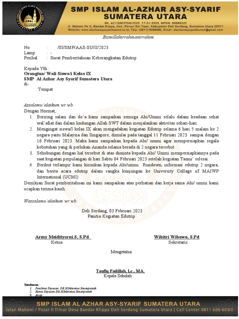 Surat Pemberitahuan Keberangkatan Edutrip | PDF