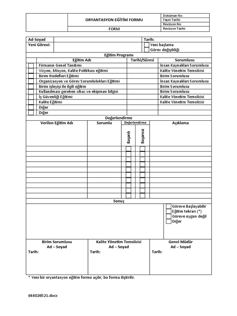 Oryantasyon Egitim Formu | PDF