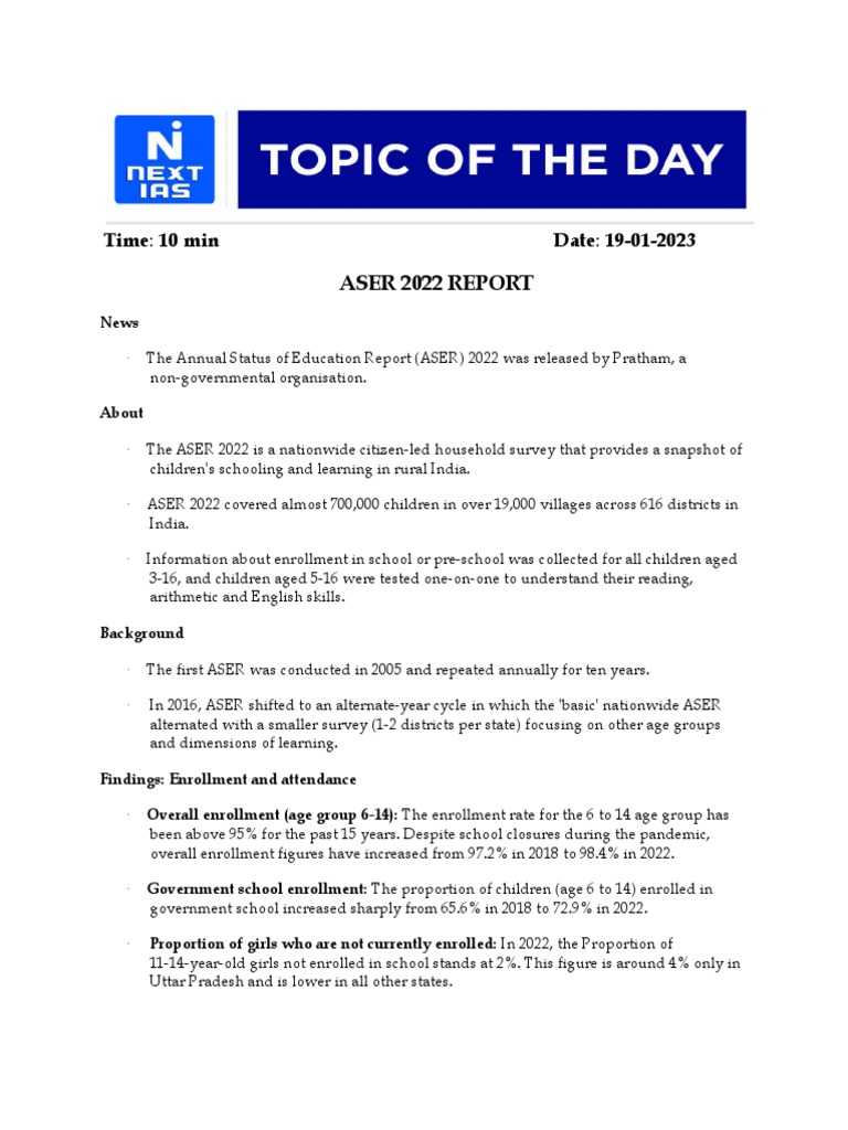 ASER 2022 Report Overview | PDF