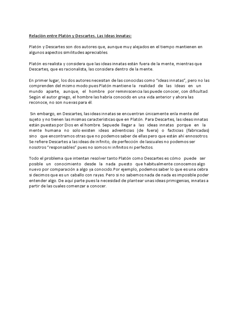 Relación Entre Platón y Descartes. Las Ideas Innatas | PDF Relación Entre Platón y Descartes. Las Ideas Innatas | PDF