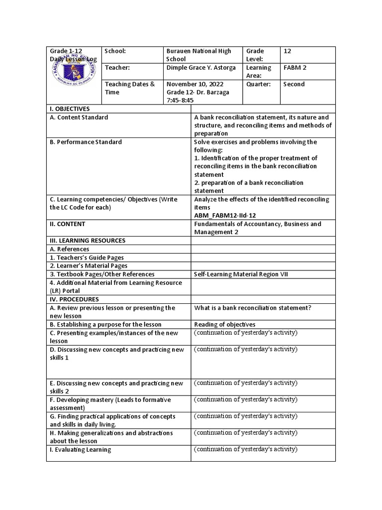 Bank Reconciliation Statement Lesson for Grade 12 | PDF | Learning | Change
