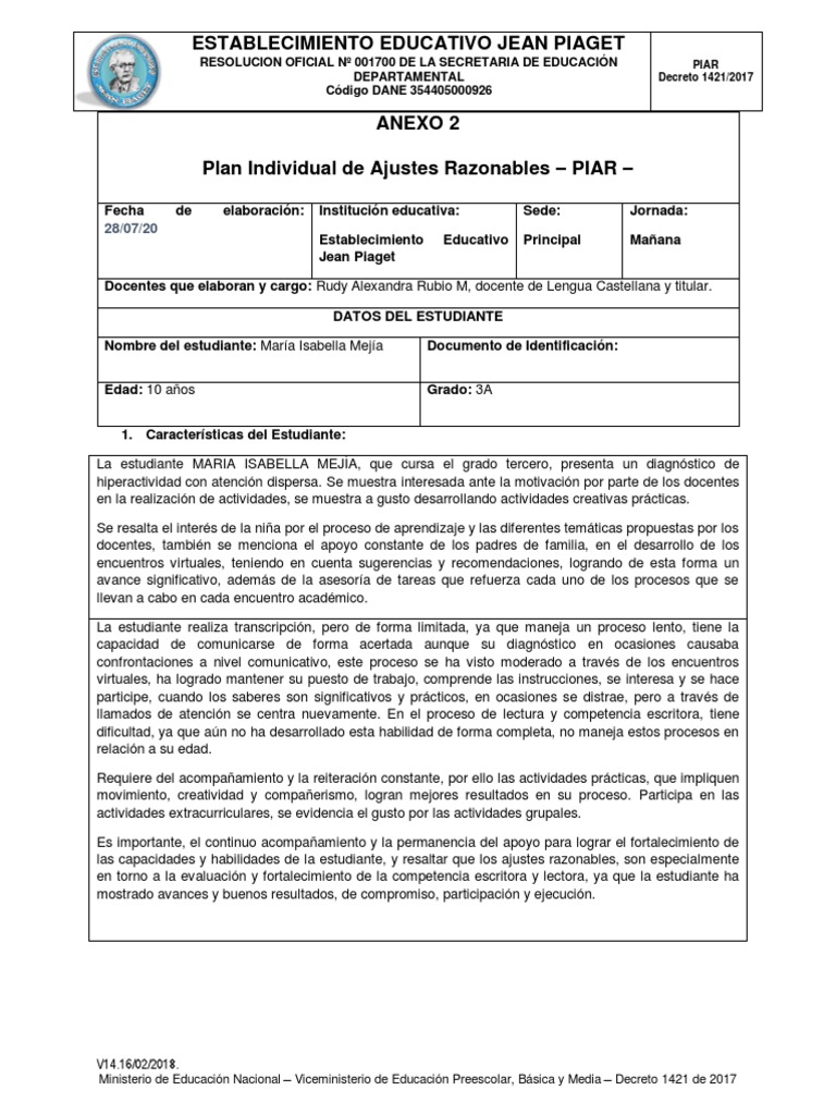 Ejemplo Piar | PDF | Educación de la primera infancia | Aprendizaje