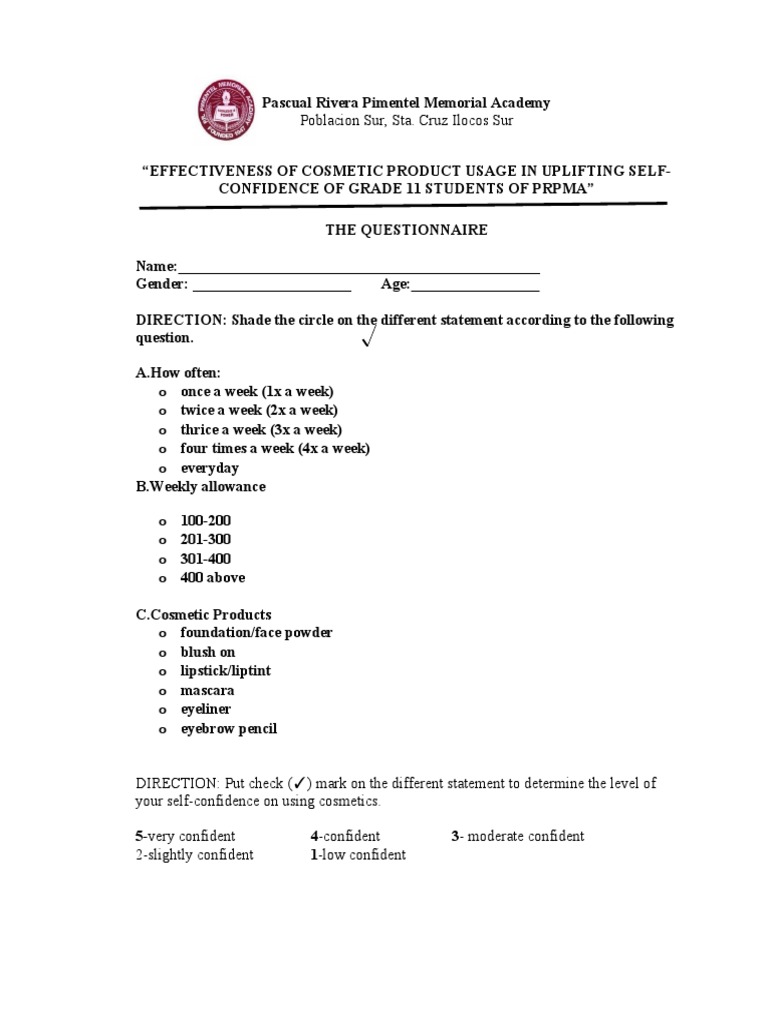 Questionnaire (2) Cosmetics Usage in Uplifting Self-Confidence of The Grade 11 Students | PDF