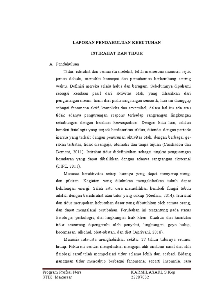 Laporan Pendahuluan Kebutuhan Istirahat Dan Tidur | PDF