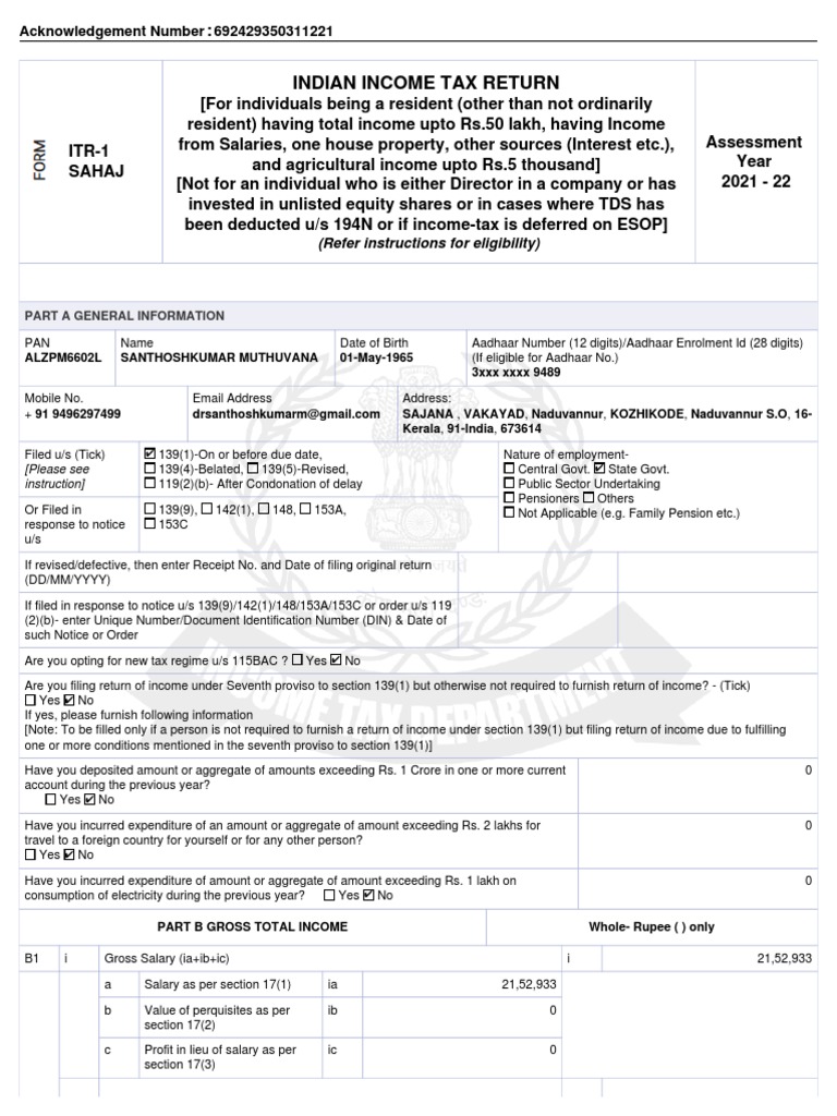 ITR-1 Income Tax Return 2021-22 | PDF | Pension | Tax Deduction