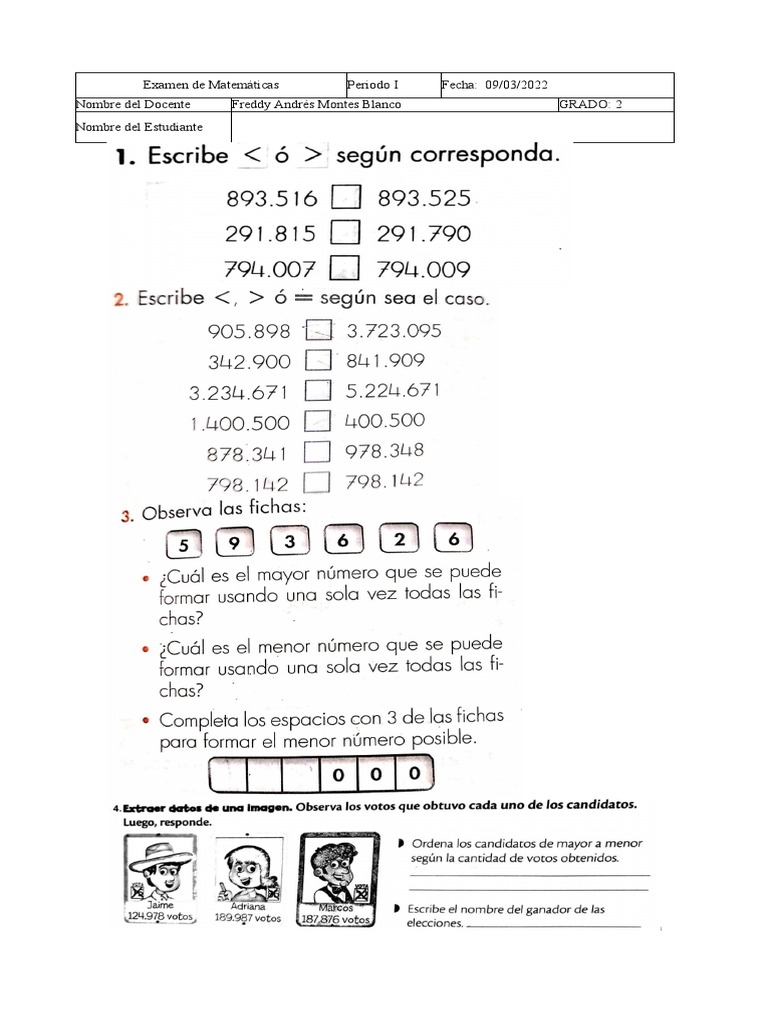 Examen de Matemáticas Exmen Grado 4 | PDF