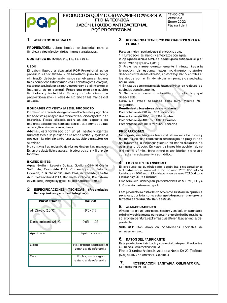 Características y especificaciones del Jabón Líquido Antibacterial PQP ...