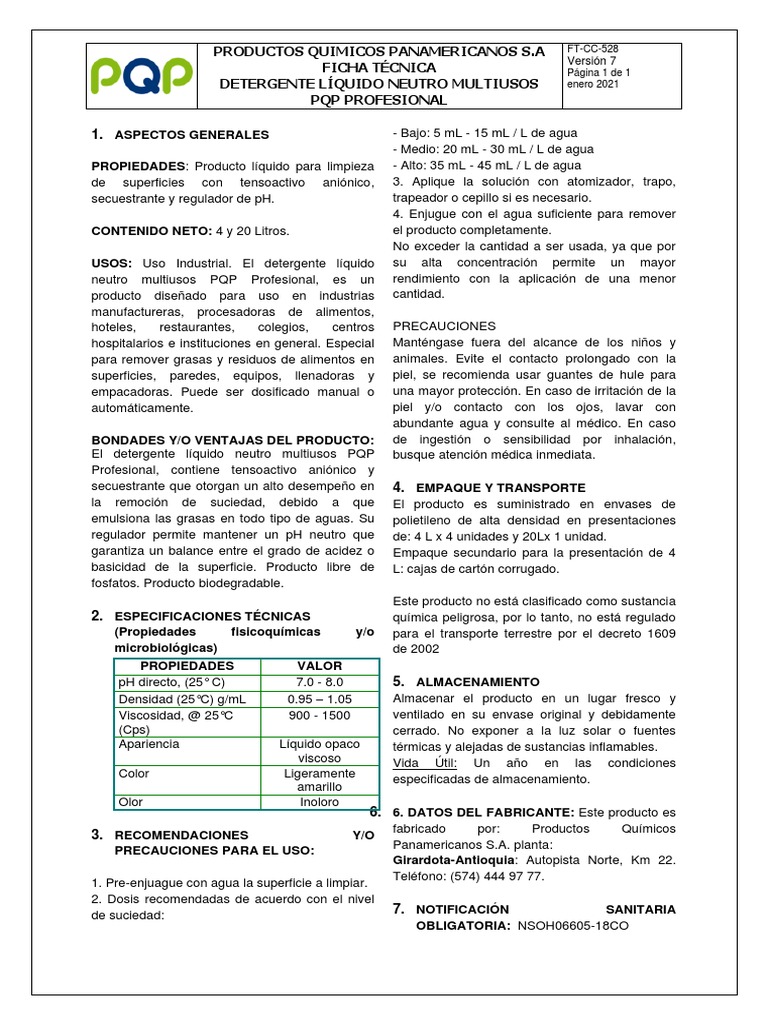 FT-CC-528 Detergente Líquido Neutro Multiusos PQP Profesional | PDF | Agua | Detergente