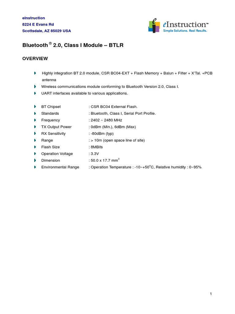 Einstruction Corporation BTLR User Manual | PDF | Transmitter | Bluetooth
