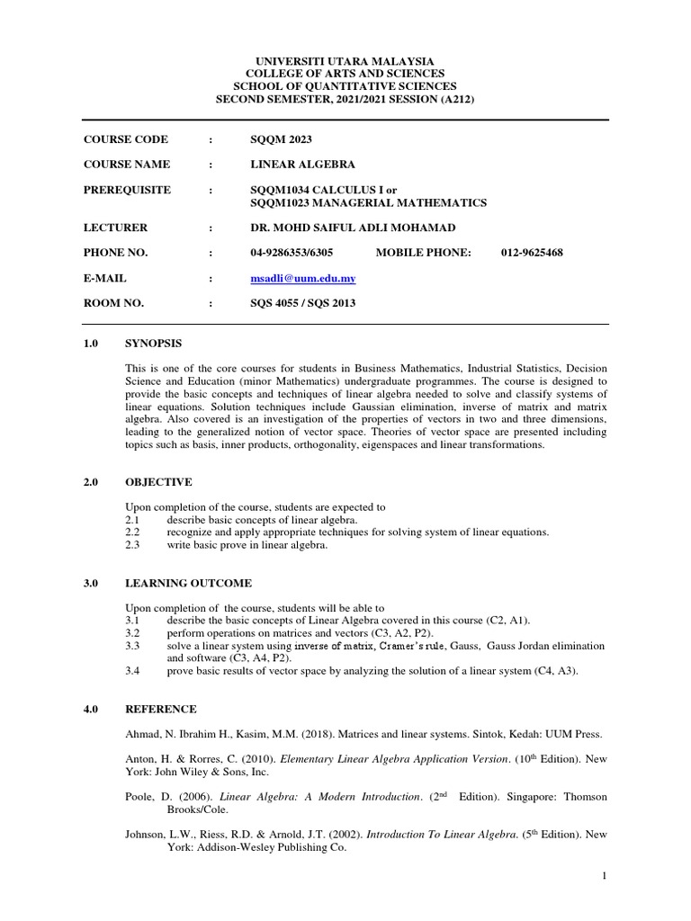 A212 Syllabus Student Sqqm2023 | PDF | Eigenvalues And Eigenvectors ...