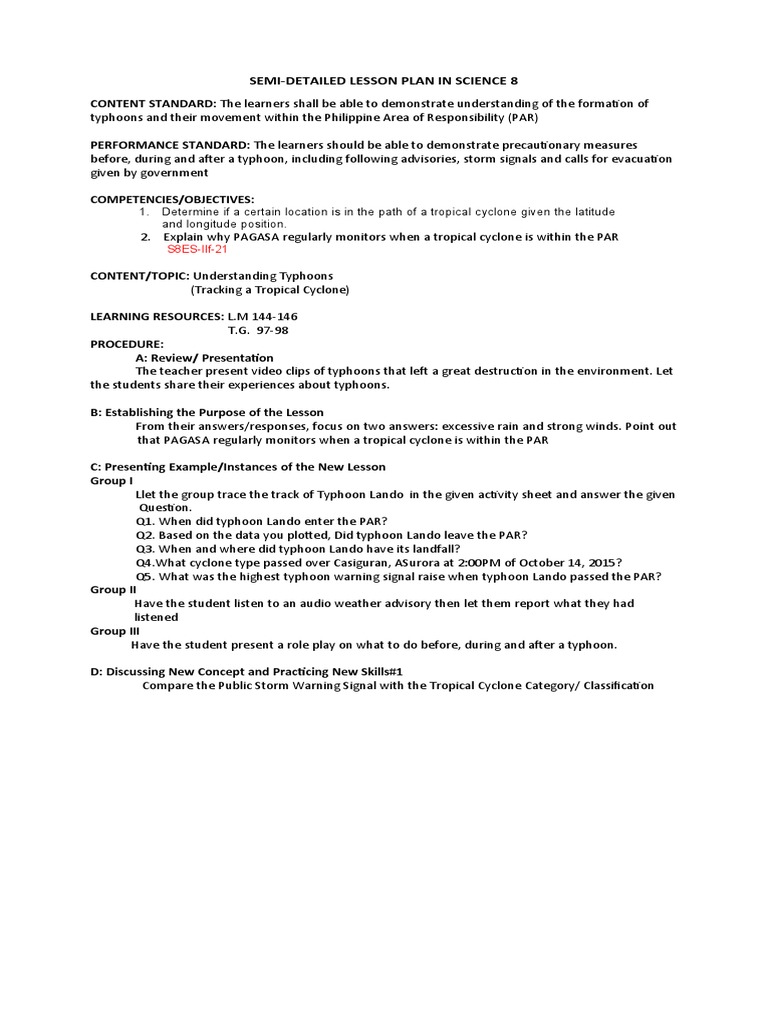 Semi Detailed Lesson Planscience | PDF | Tropical Cyclones | Storms