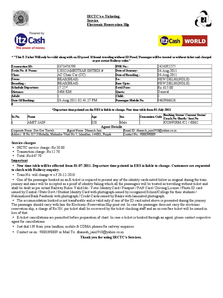 IRCTC's E-Ticketing Service Electronic Reservation Slip | Download Free ...
