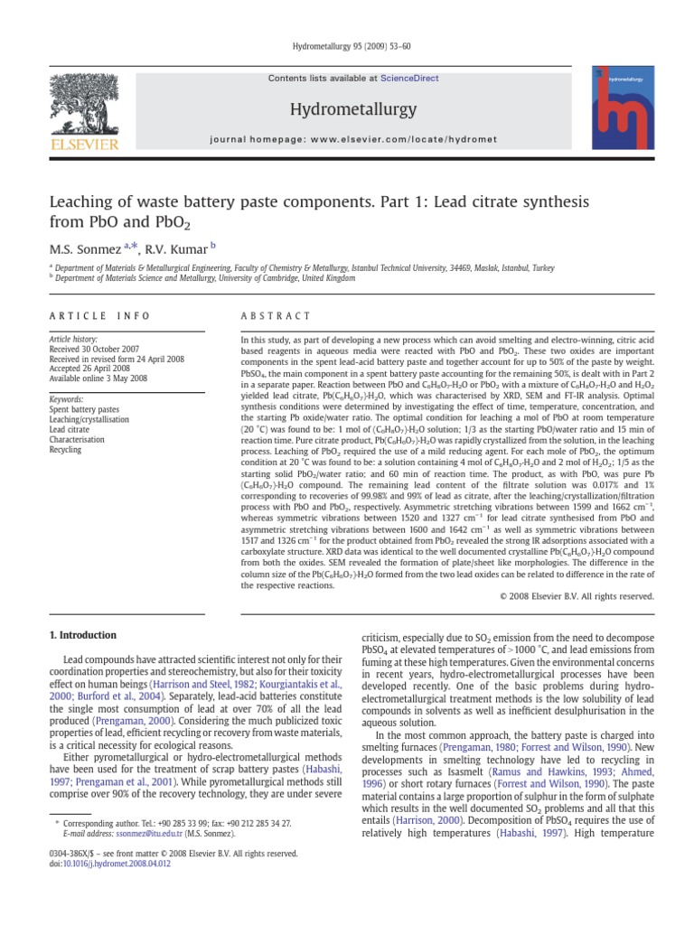 Leaching of Waste Battery Paste Components. Part 1 Lead Citrate ...