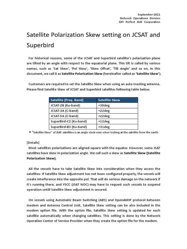 Satellite Polarization Skew Setting On JCSAT and Superbird | PDF ...
