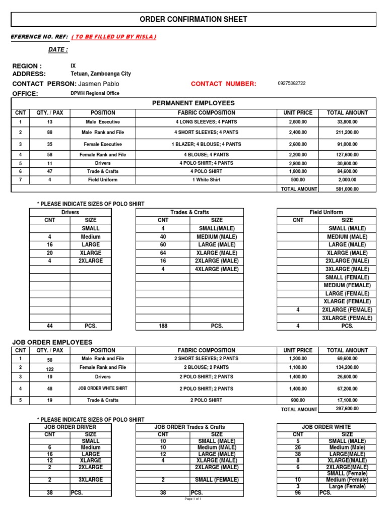 Sample Order Confirmation Sheet | PDF | Uniforms | Dress Codes
