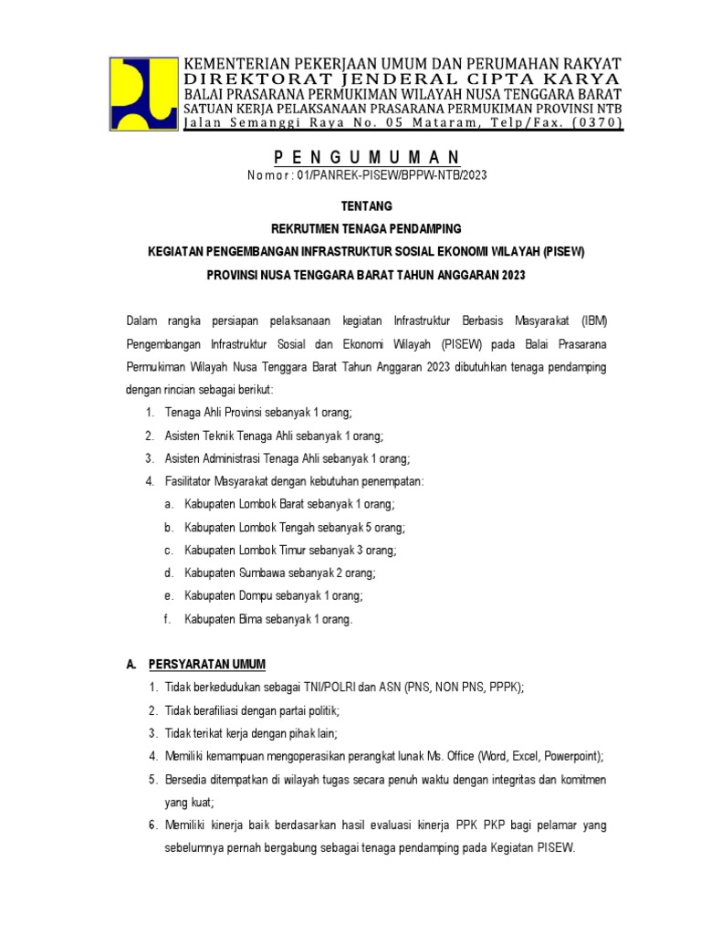 Pengumuman Rekrutmen Tenaga Pendamping PISEW 2023 | PDF