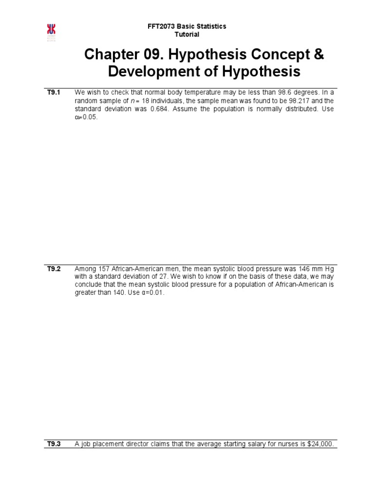 TUTORIAL - Chapter 09. Hypothesis Concept - Development of Hypothesis | PDF | Statistical ...