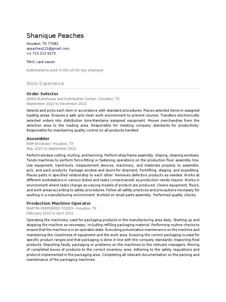 Shanique Peaches Resume 2 | PDF | Warehouse | Packaging And Labeling