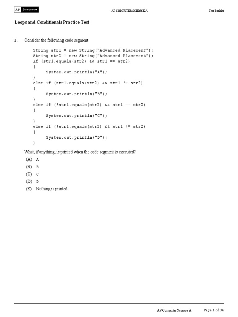 AP Computer Science A Practice Test: Loops and Conditionals | PDF ...