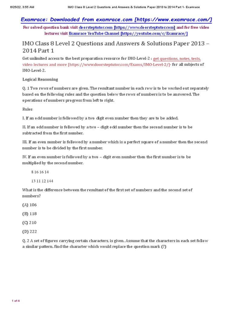 IMO Class 8 Level 2 Questions Answers Solutions Papers 2013-2014 Part 1 | PDF | Numbers | Ephemera
