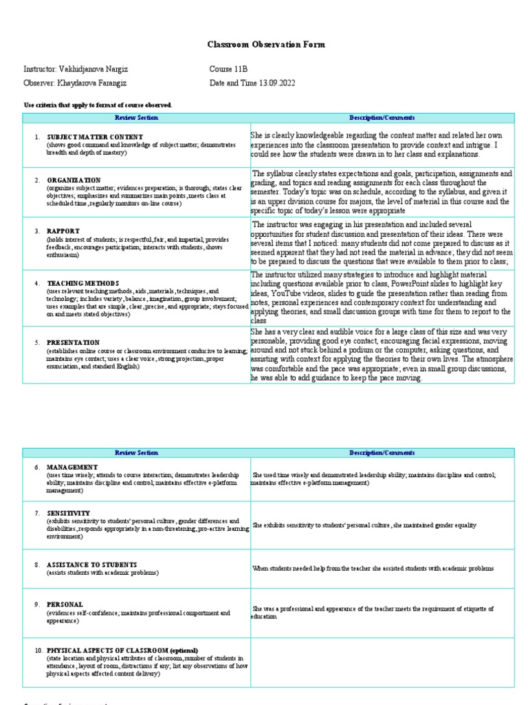 Classroomobservation 1 Pdf Educational Technology Teaching Method