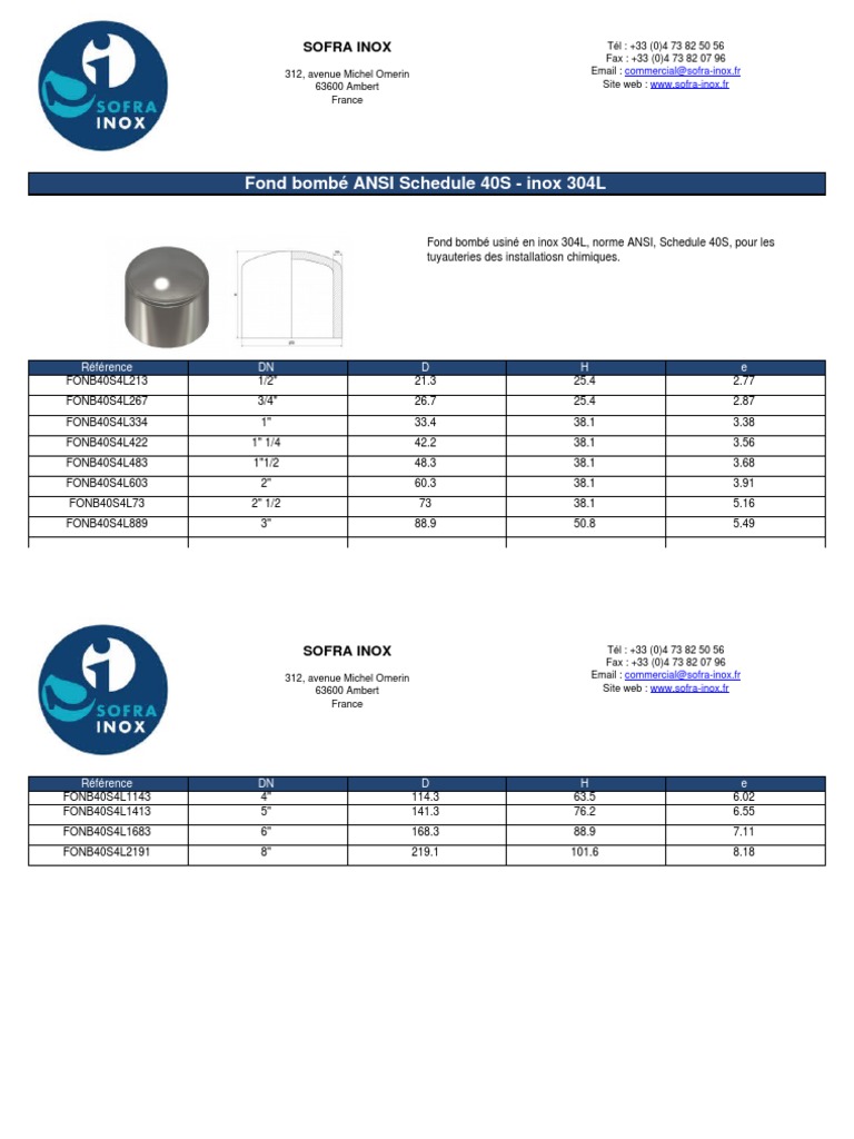 Fiche Fond Bombe Ansi Schedule 40s Inox 304l SOFRA | PDF