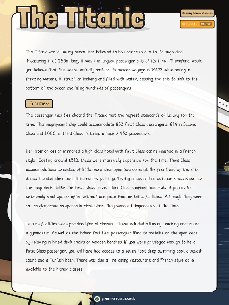 Titanic Reading Comprehension | PDF | Watercraft | Ocean Liners