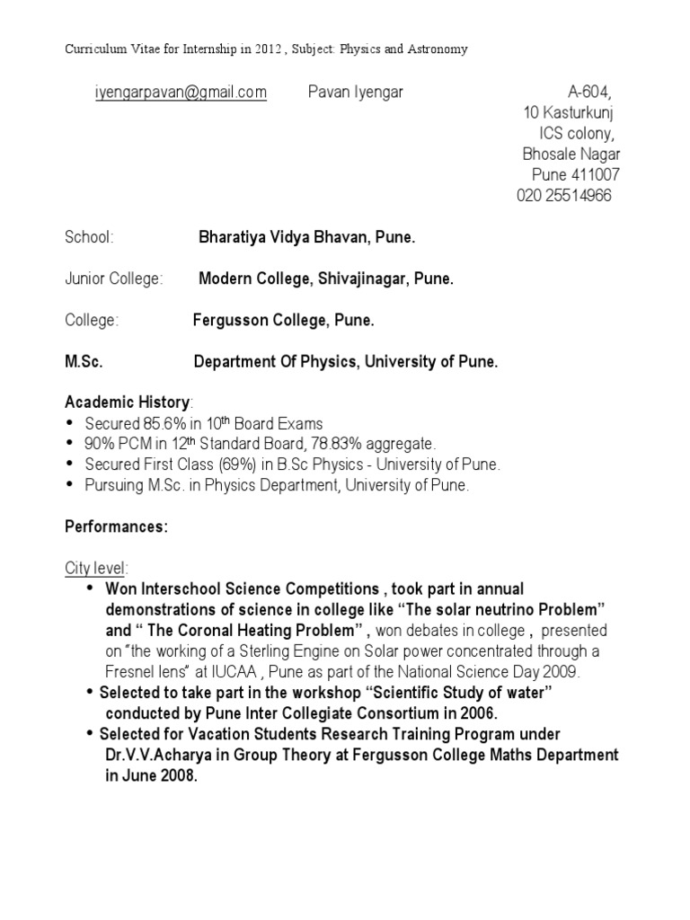 CV - Pavan Iyengar | PDF | Physics | Curriculum