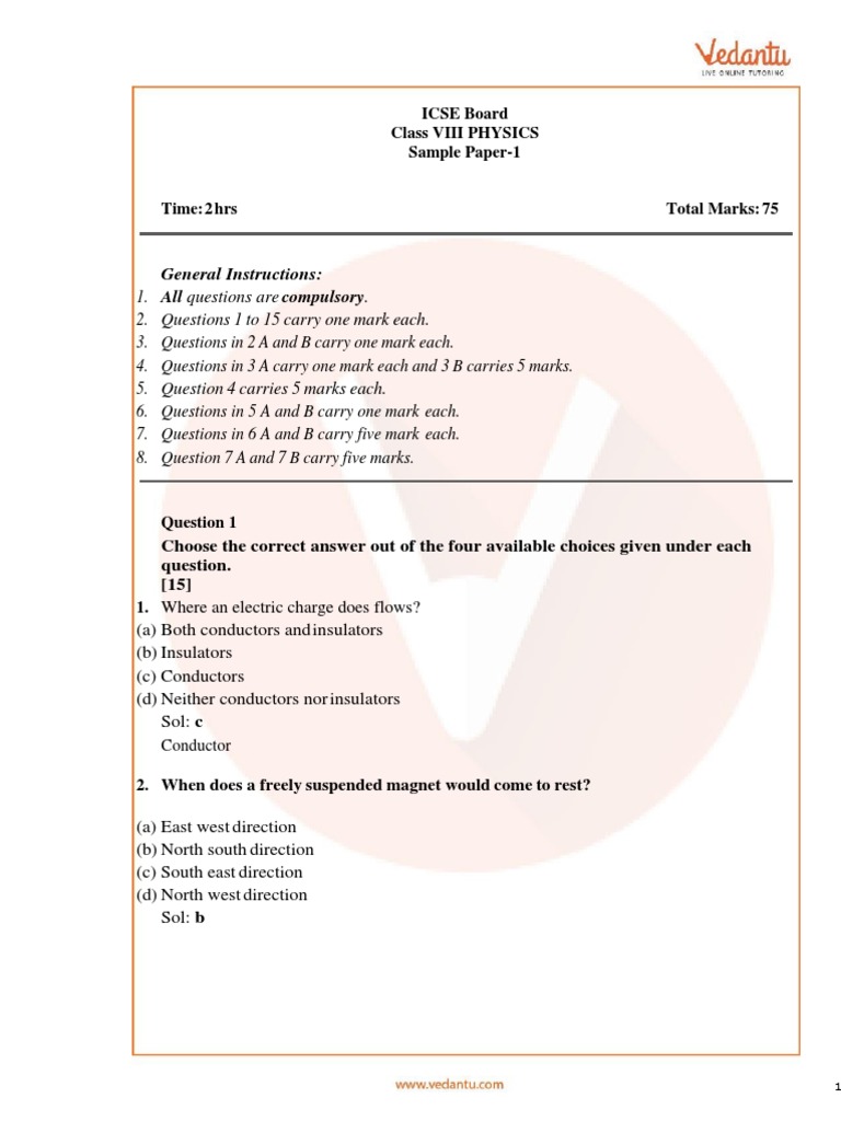 ICSE Class 8 Physics Sample Paper 2024 | PDF | Electron | Proton