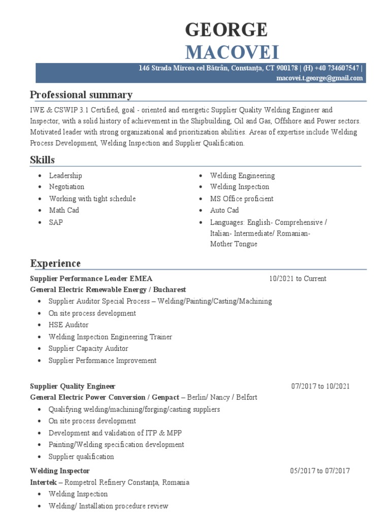 George Macovei - SQE Welding Engineer & Inspector - CV | Download Free PDF | Welding | Construction