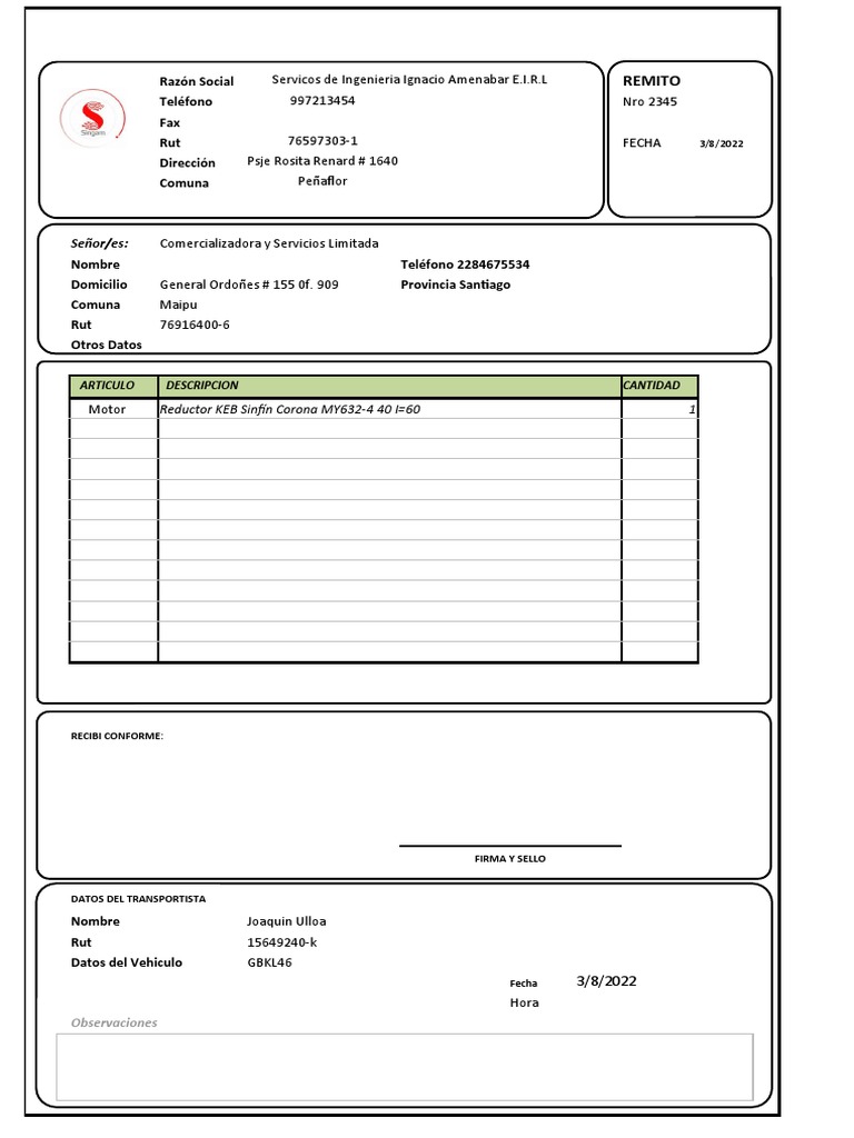 Planilla de Excel para Confeccion de Remito | PDF