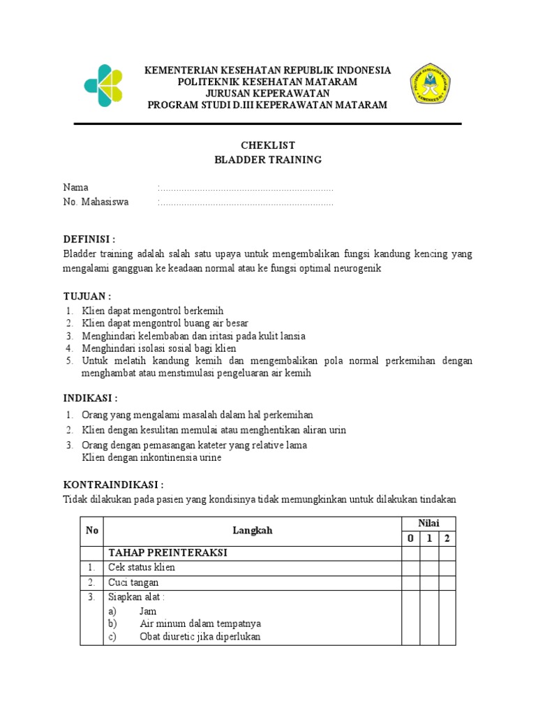 Bladder Training Cheklist | PDF