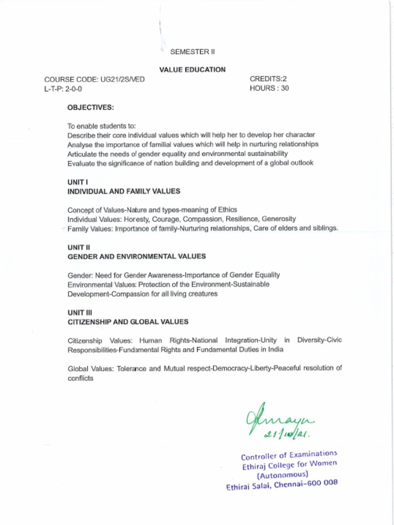 Value Education Syllabus 2021 - 2022 | PDF