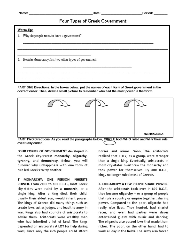 Four Types of Greek Government: Warm-Up | PDF | Tyrant | Political Theories