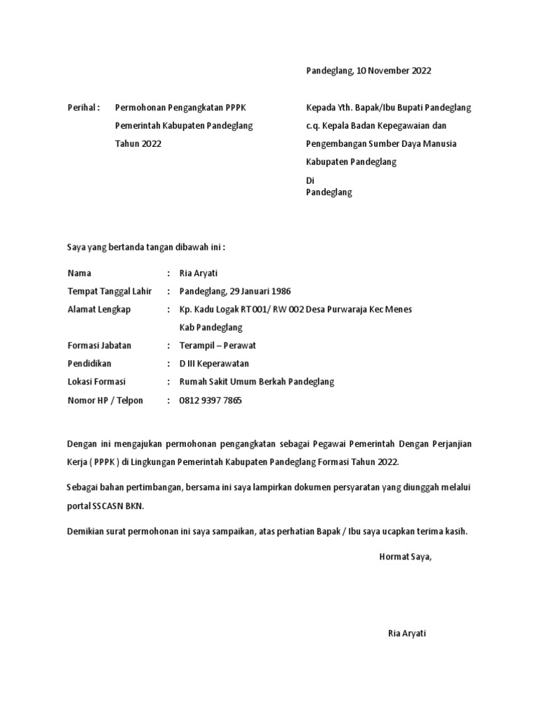 Surat Lamaran Baru Ria Aryati 1 PDF-1 | PDF