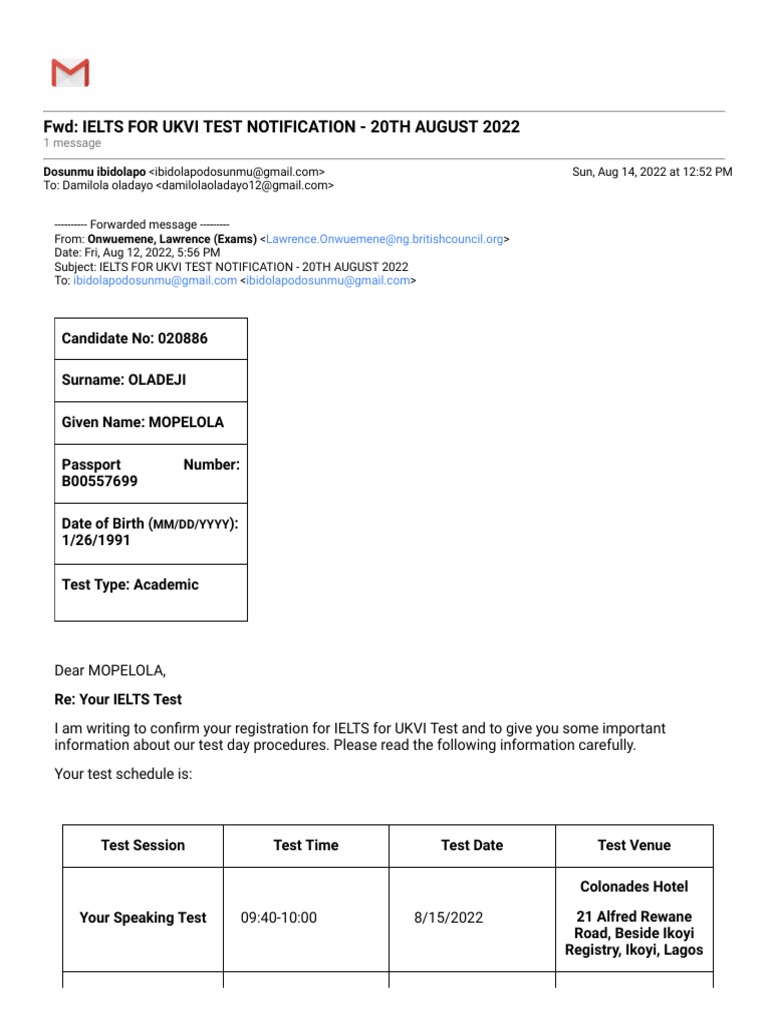Gmail - FWD - Ielts For Ukvi Test Notification - 20th August 2022 | PDF ...