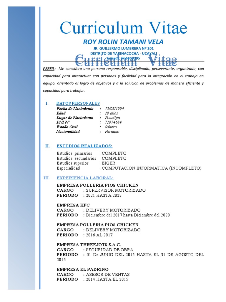 Curriculum-Vitae Roy Rolin Tamani Vela | PDF | Crecimiento personal y profesional