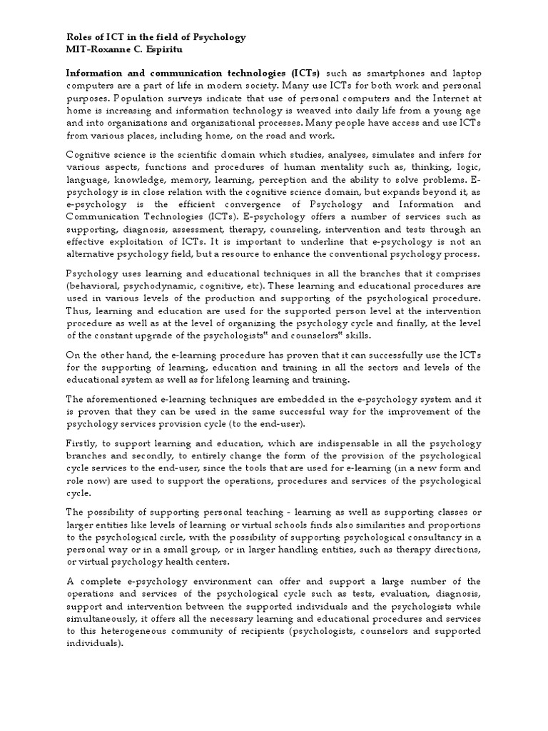 ICT's Role in Modern Psychology | PDF | Psychology | Educational Technology