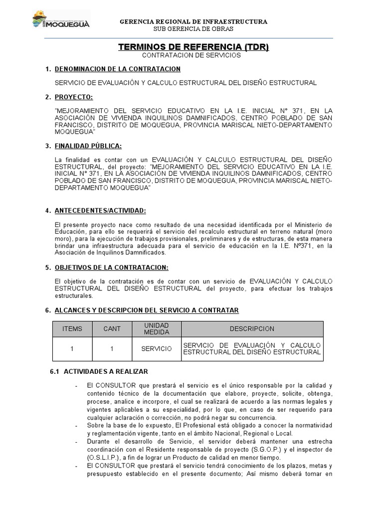 TDR Servicio Calculo Estructural | PDF | Presupuesto