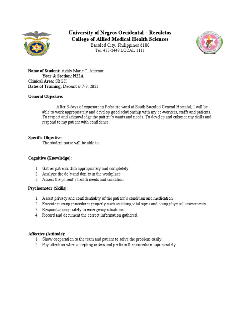Pediatric Clinical Exposure at South Bacolod General Hospital: Student ...