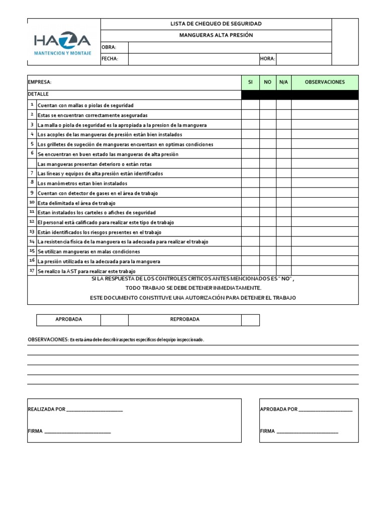 Check List Manguera Alta Presion | PDF