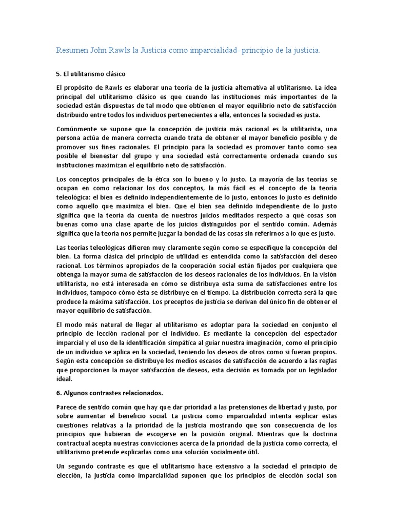 Resumen John Rawls La Justicia Como Imparcialidad | PDF | Utilitarismo | Justicia