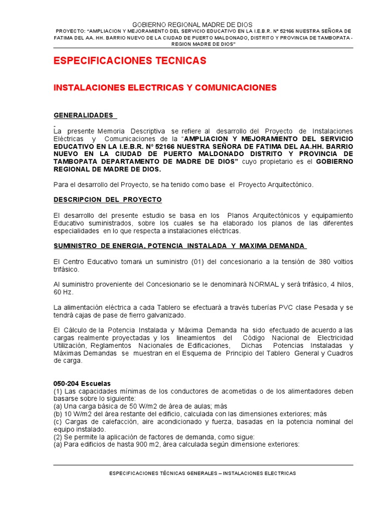 Especificaciones técnicas de instalaciones eléctricas y comunicaciones para la ampliación y ...
