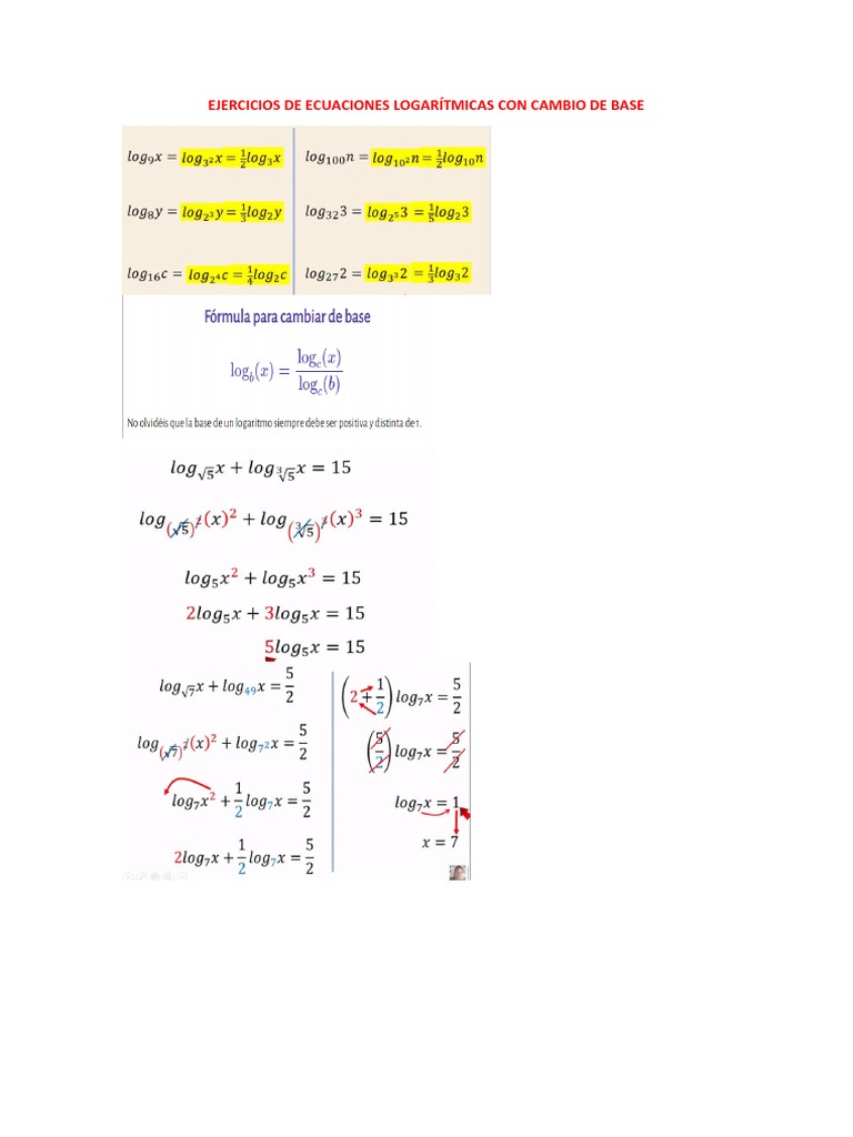 Ejercicios de Ecuaciones Logarítmicas Con Cambio de Base | PDF