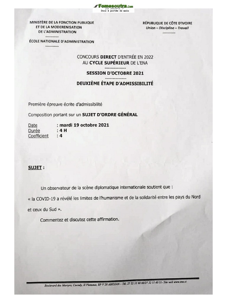 Sujet Du Concours de l'ENA Cycle Supérieur Sujet D'ordre Général | PDF